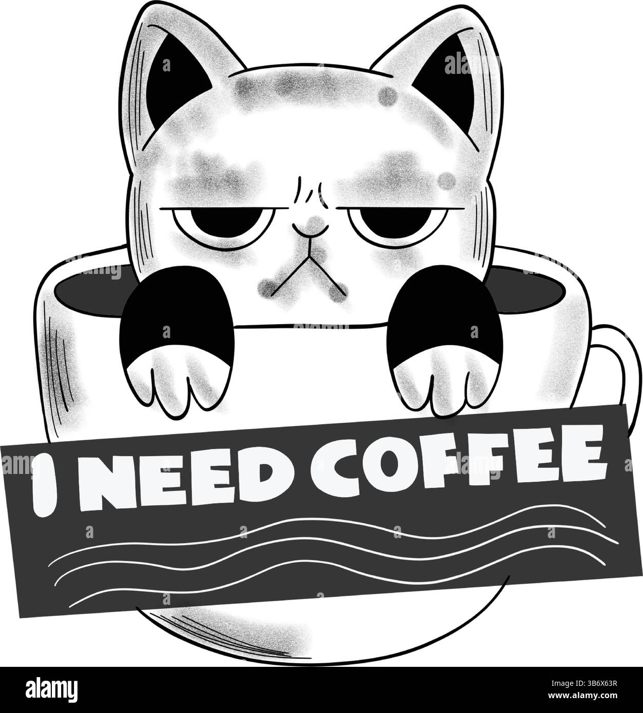 A cartoon-style grumpy cat sitting inside a coffee cup, holding a sign ...