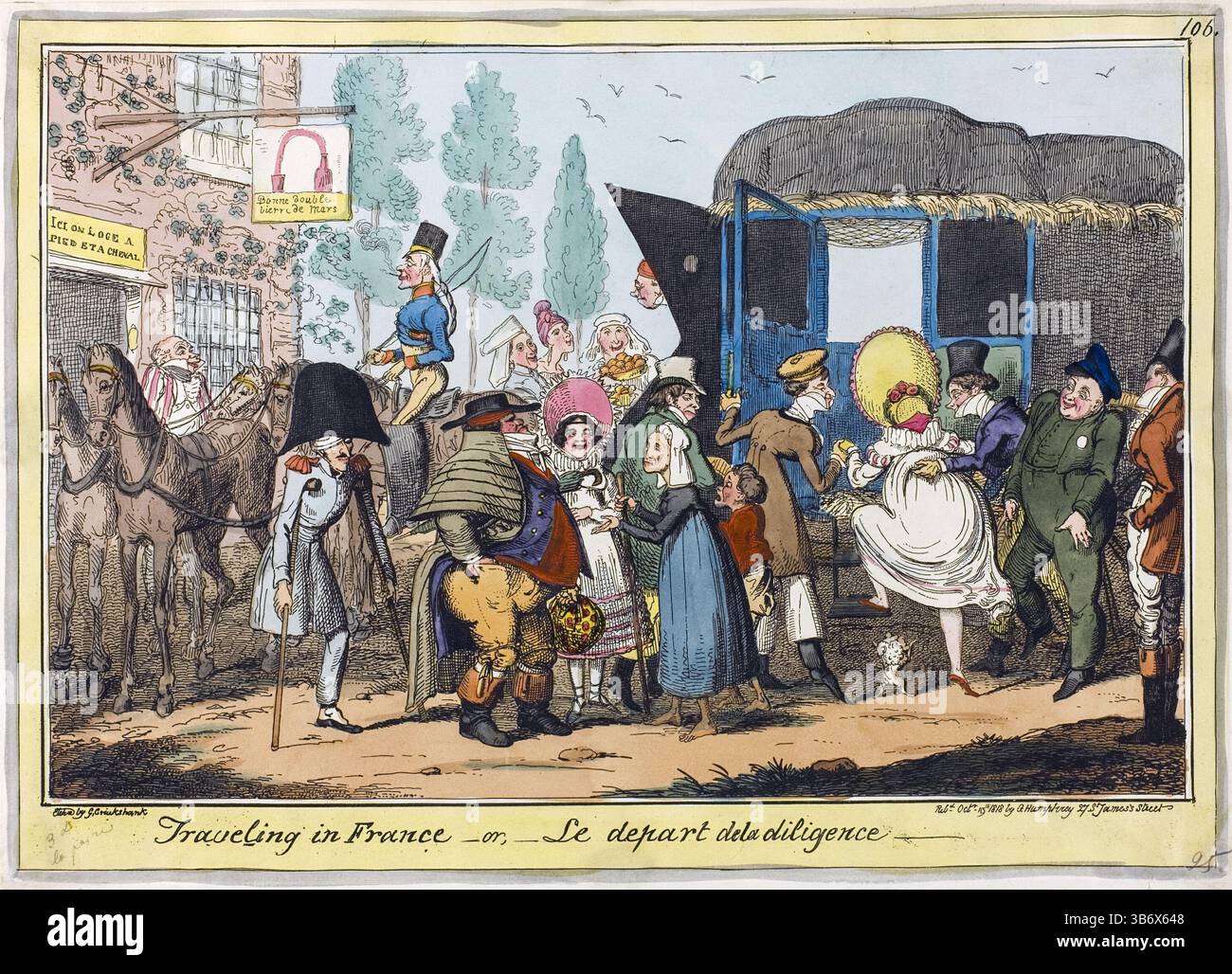 hand coloured etching Travelling in France 1818, by George Cruikshank ...