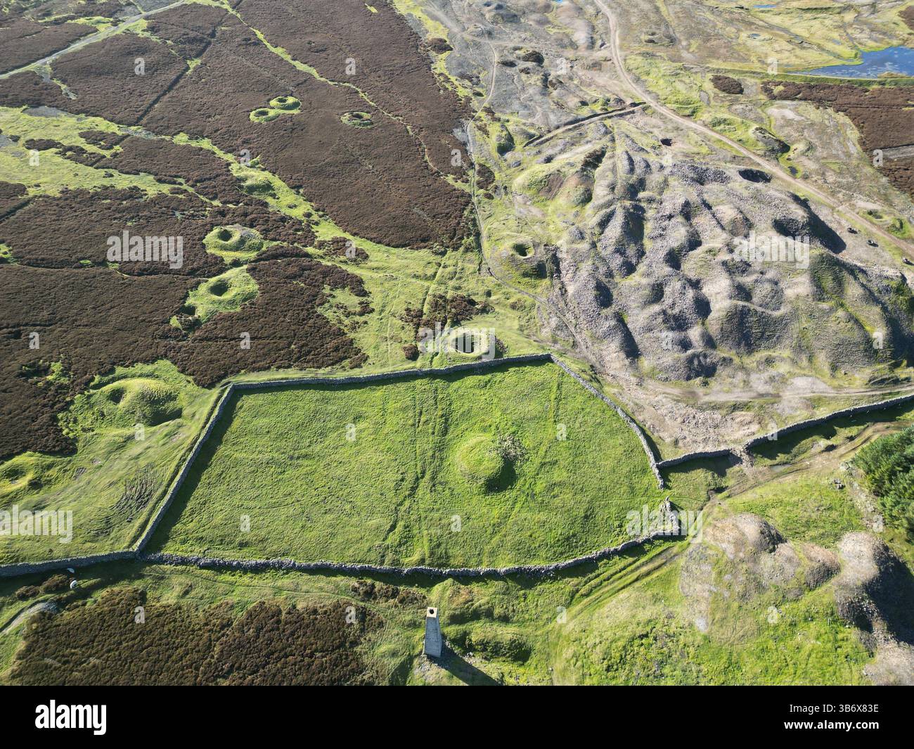 Aerial view of historic mining landscape near Richmond, North Yorkshire ...
