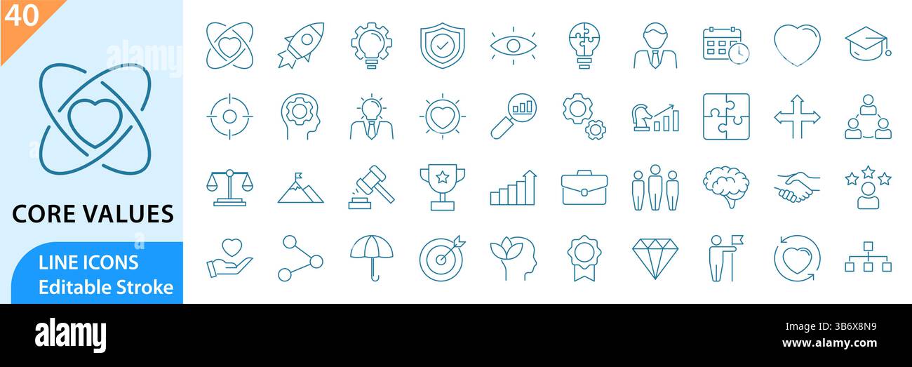 Core values line icons set. Core Values thin line icons set. Core value set of web icons in line ...