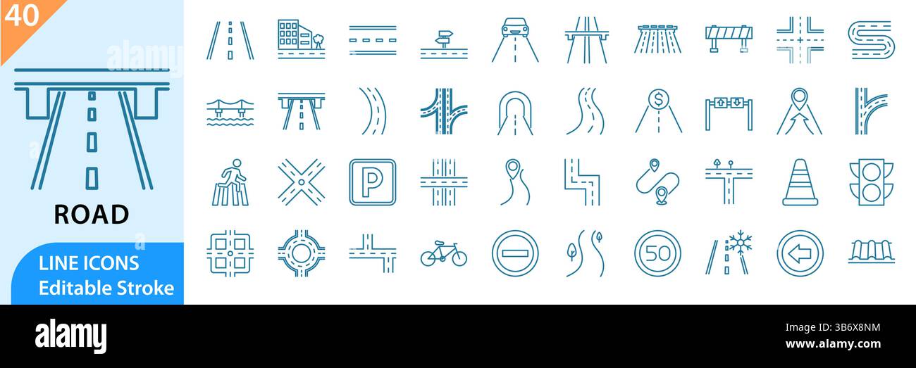 Set outline icons related to road infrastructure. Linear icon collection. Editable stroke ...