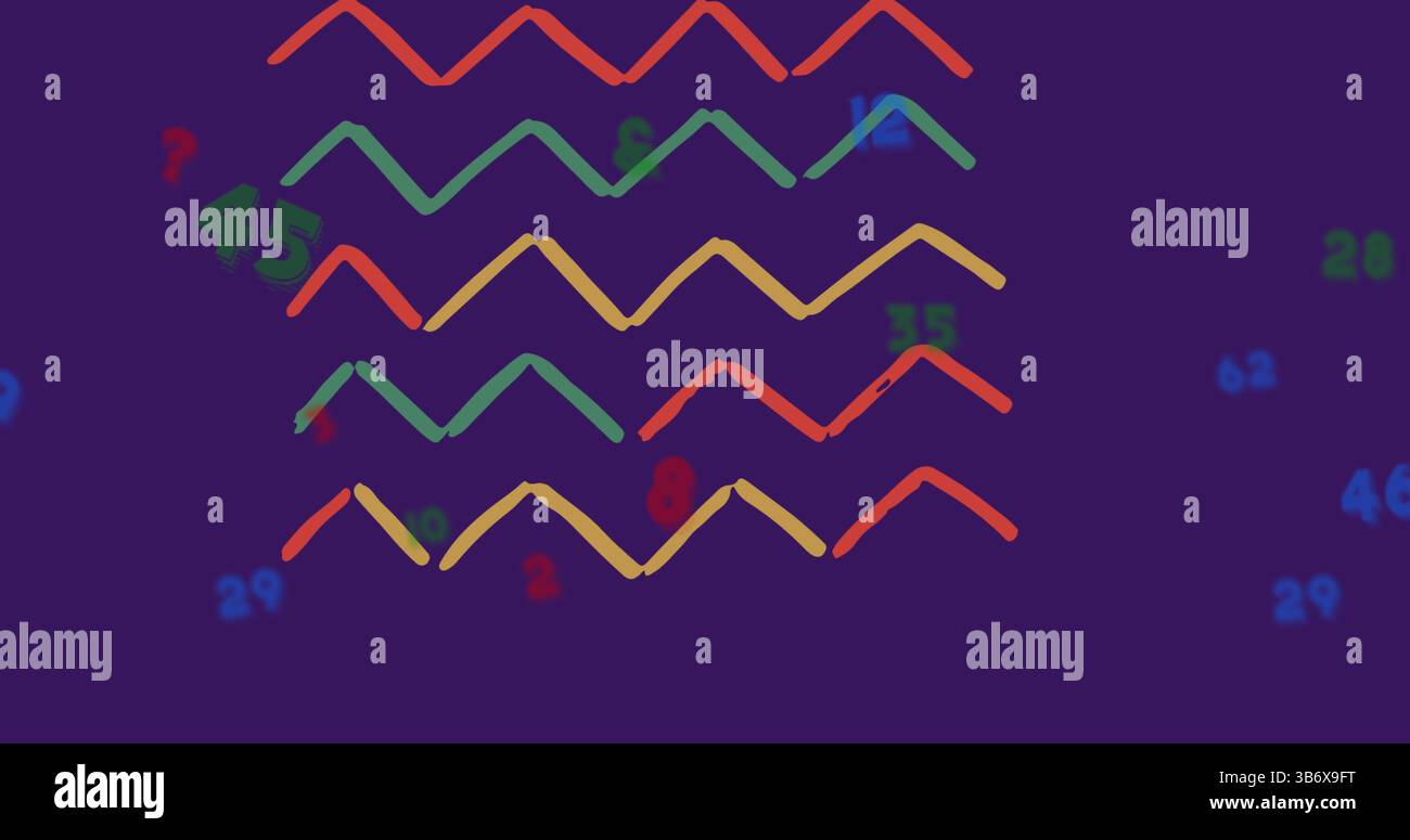 Image of numbers falling over zigzag pattern on purple background Stock ...