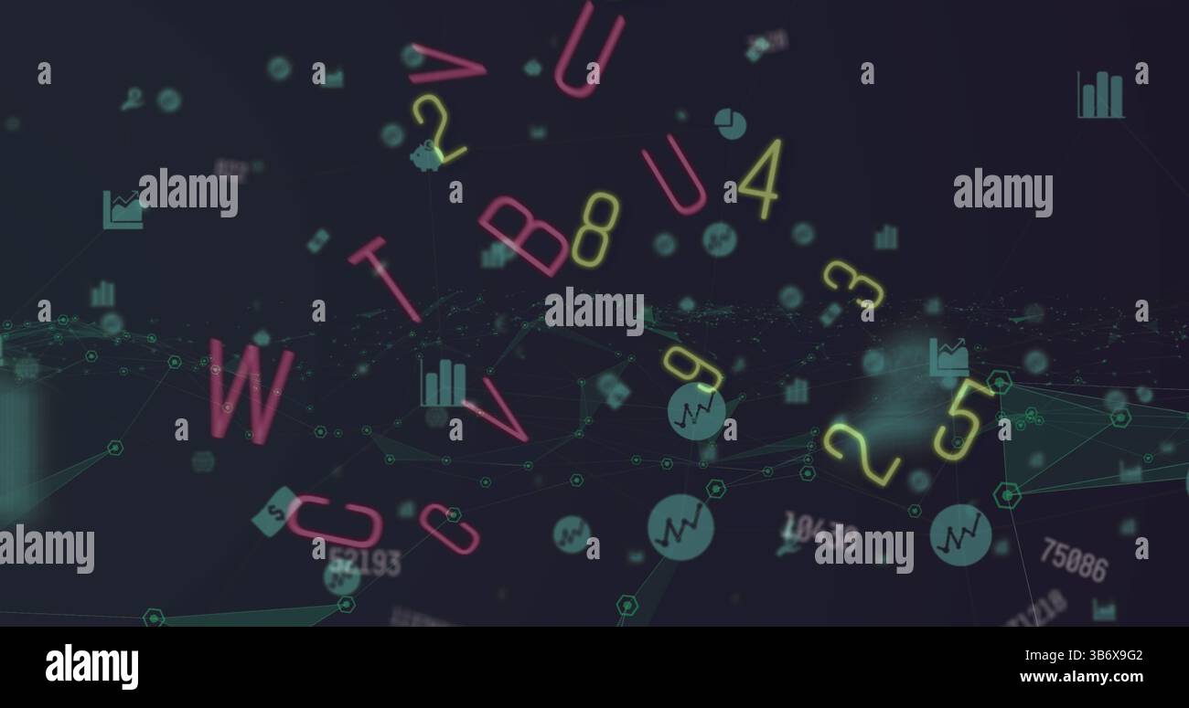 Image of letters, numbers, icons and connections moving on black ...