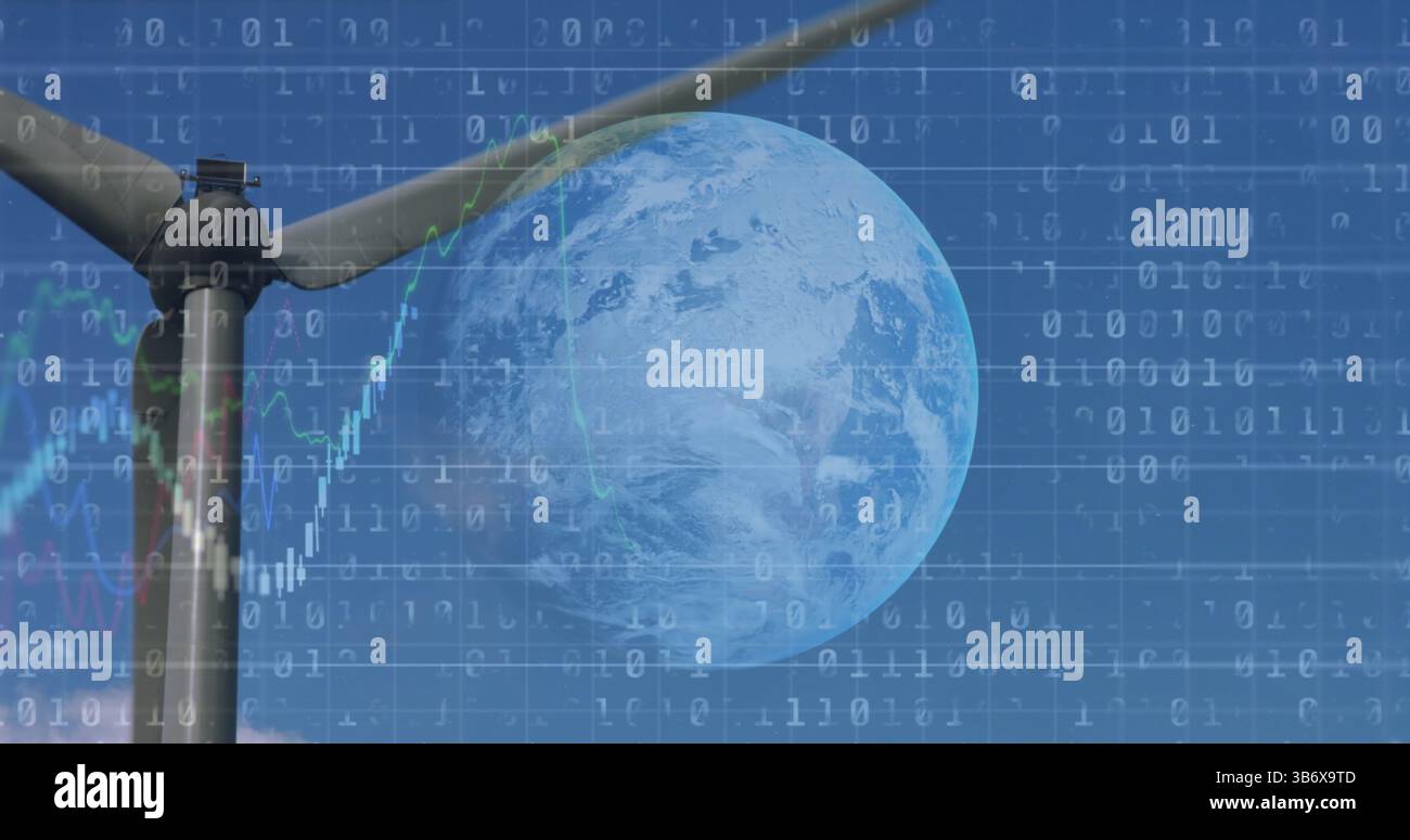 Image of financial data processing binary coding over earth and wind turbine Stock Photo - Alamy