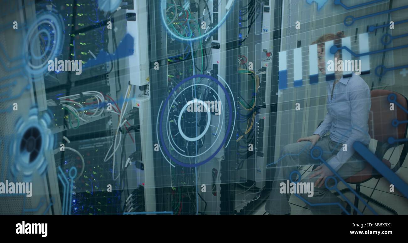 Image of processing circle over data and caucasian woman checking computer wires Stock Photo - Alamy