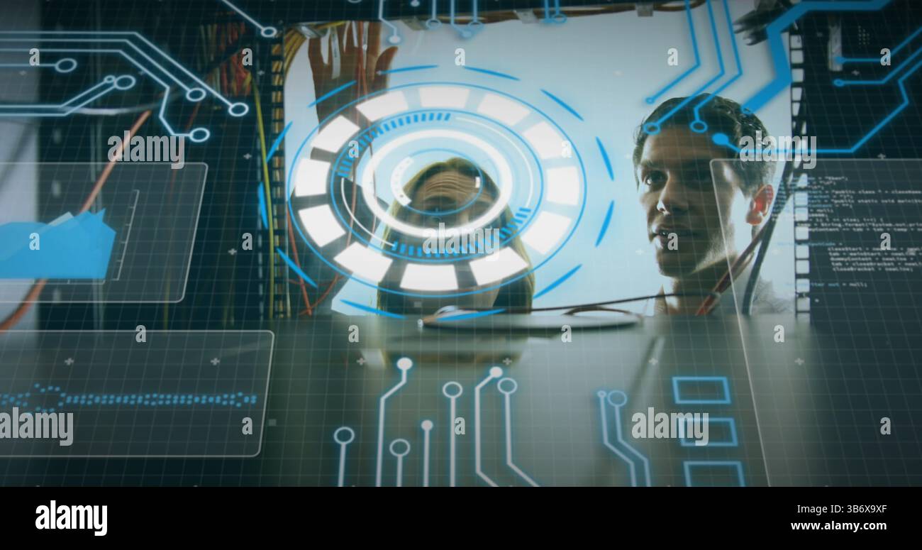 Image of data processing over caucasian man checking computer wires ...