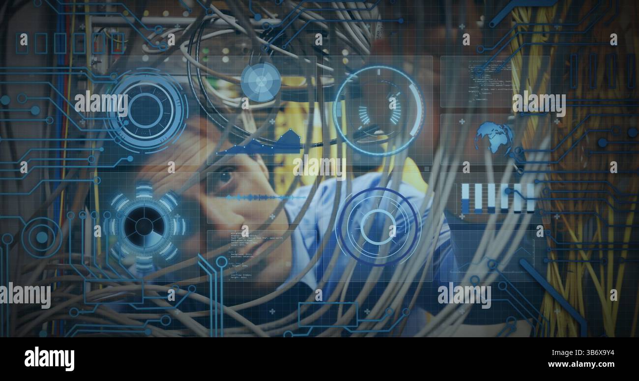 Image of processing circle over data and caucasian man checking ...