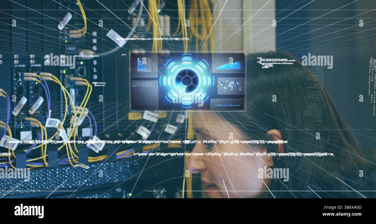 Image of processing circle over integrated circuit and computer wires ...