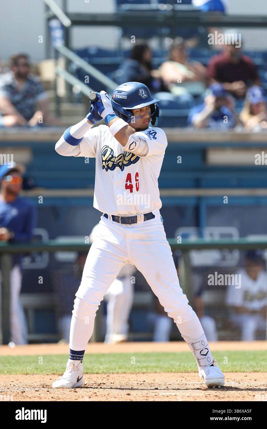 Eduardo Guerrero (46) of the Rancho Cucamonga Quakes bats against the ...