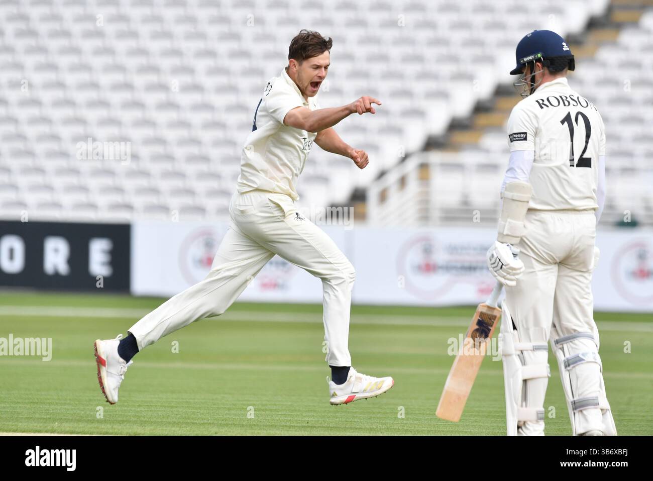 London, England. 4th May 2025. George Garrett celebrates bowling Sam ...