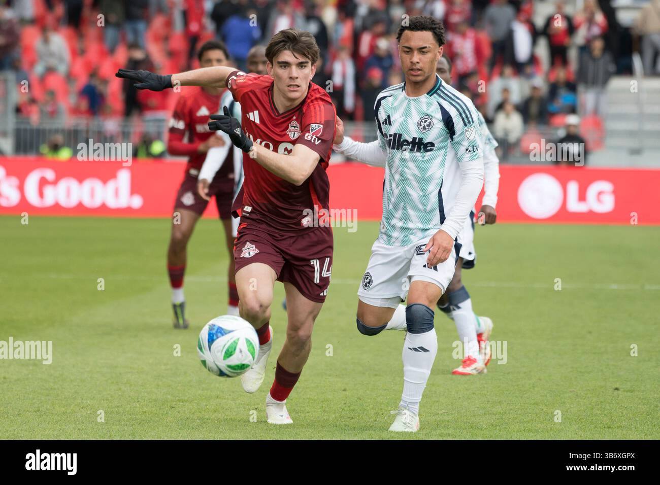 Toronto, Canada. 03rd May, 2025. Alonso Coello #14 (L) and Peyton Miller #25 (R) in action ...