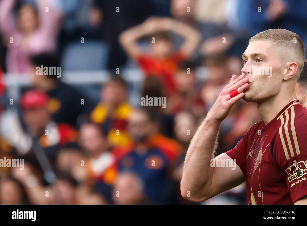Rome, Italy. 4th May, 2025. Artem Dovbyk, of Roma, celebrates after ...