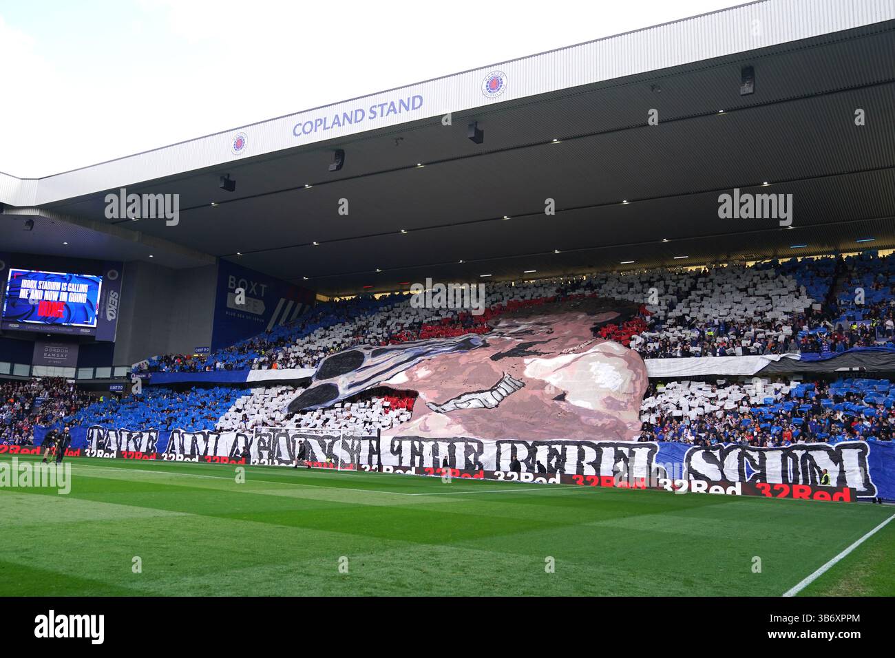 A general view of a large banner showing an illustration of former ...