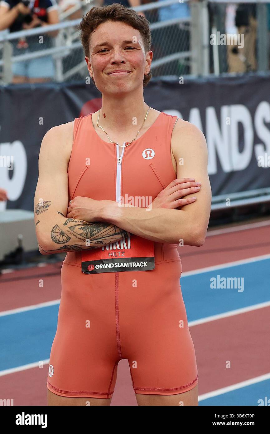 Nikki Hiltz poses after the 1500 meters during the Grand Slam Track ...