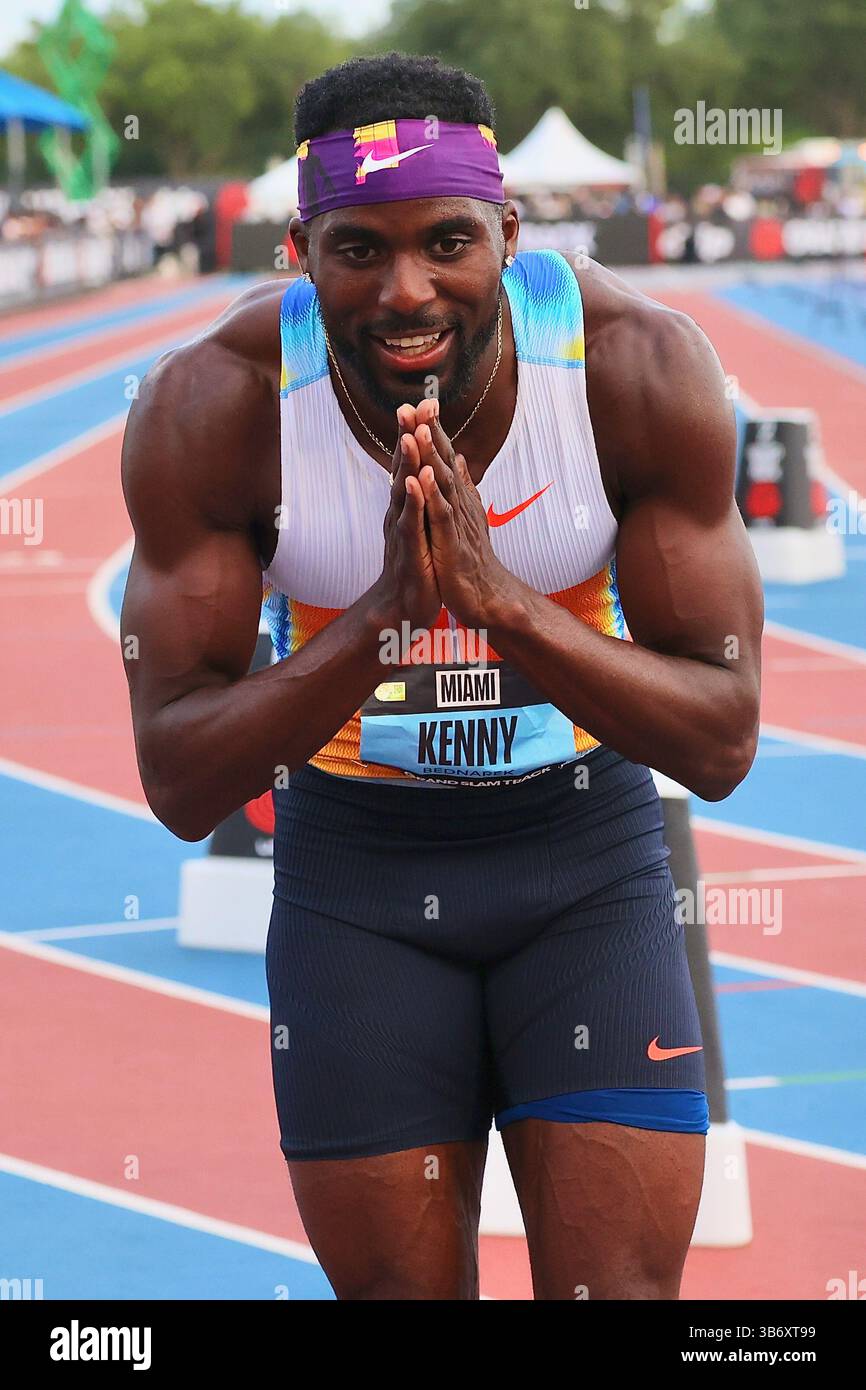 Kenny Bednarek celebrates his 100 meters win during the Grand Slam ...
