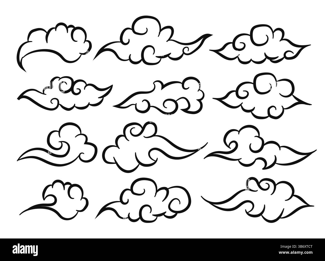 Vintage Japanese Style Cloud Line Drawing Collection.Vector ...