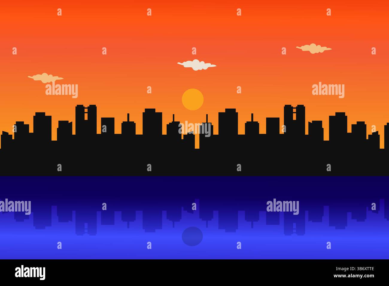 Silhouette Sunset Cityscape with Reflection in Blue Ocean Background ...