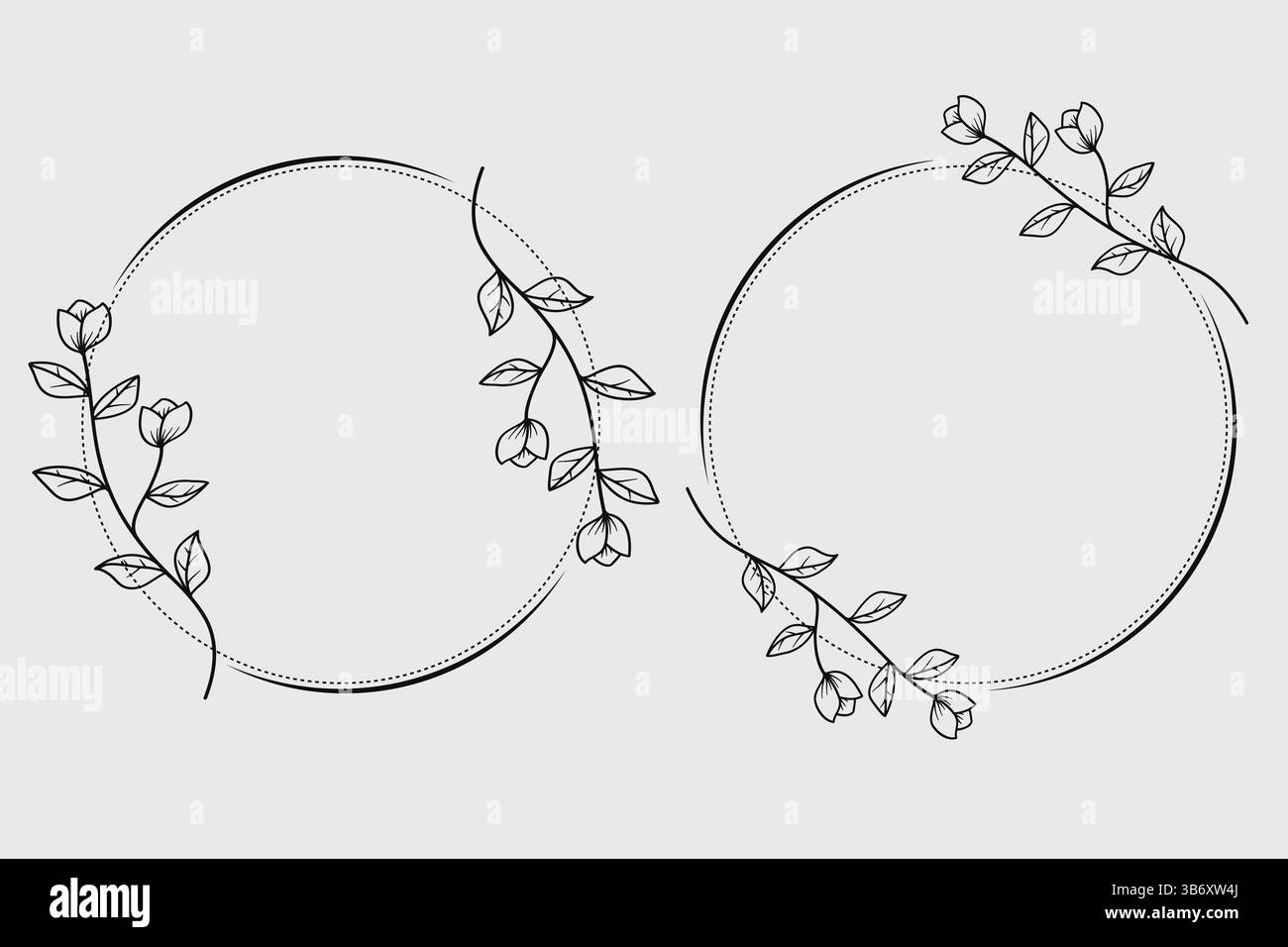 Botanical Hand drawn Line Art Circle Border Wedding Frame Collection ...