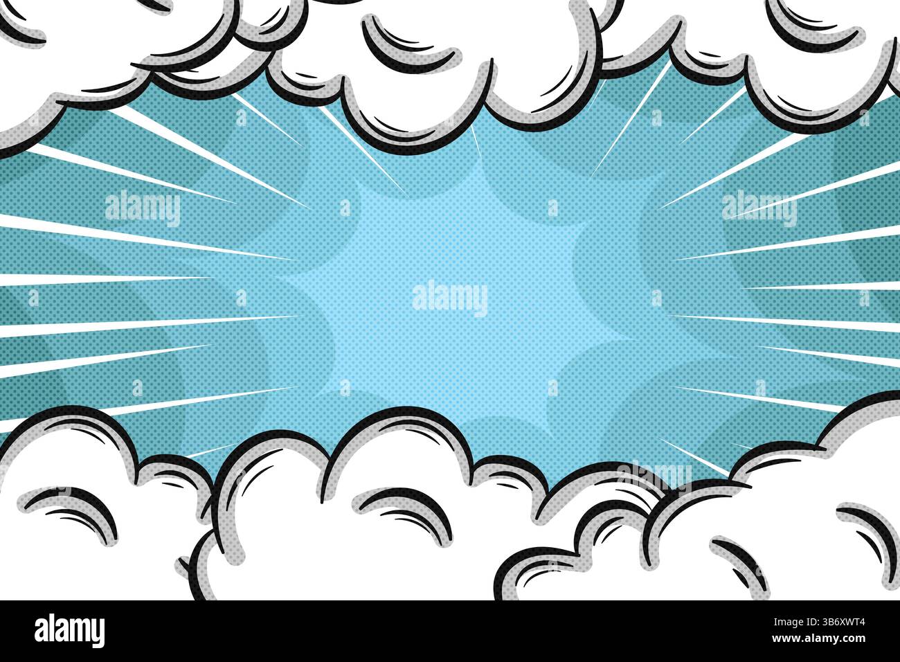 Comic Style Blue Background with Clouds and Starburst Doodle Vector ...