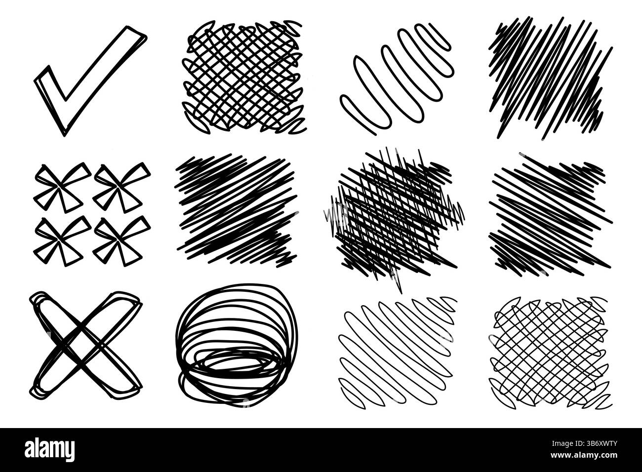 Hand-drawn scribbles, shapes, and check marks created with a pen ...