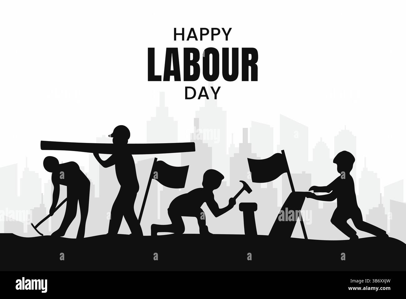 Labour Day Celebration with Worker Silhouettes and City Skyline.Vector ...
