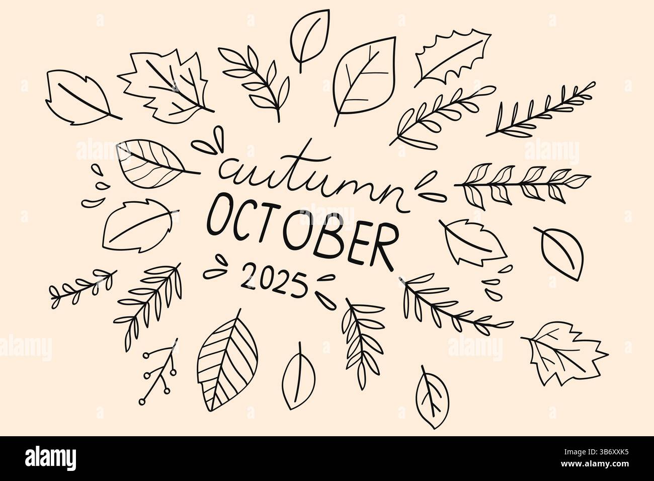 Hand-drawn doodle leaves with autumn theme, October 2025, line art ...