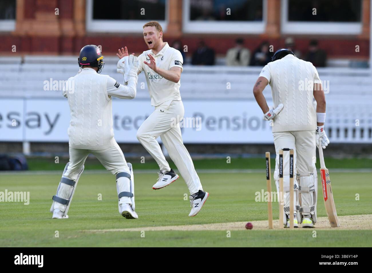 London, England. 4th May 2025. Joey Evison celebrates taking the wicket ...