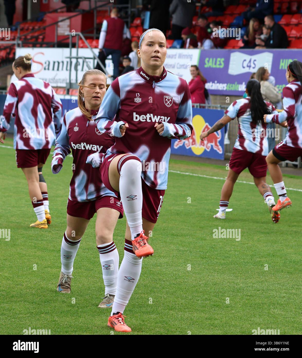 Finnish international Eva Nystrom (west Ham 13) warming up ahead of the ...