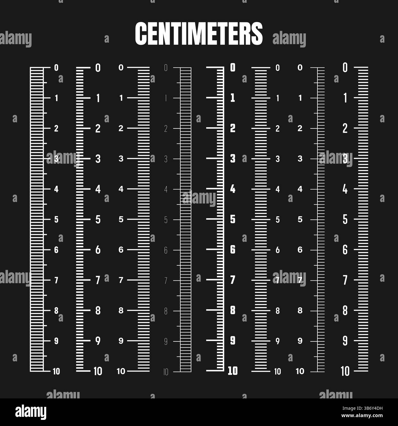 Vertical centimeter scale for measuring length or height. Various ...