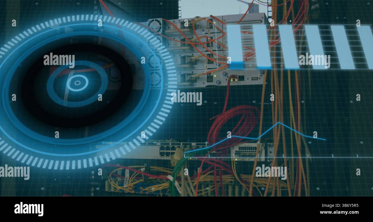 Image of scope scanning and data processing over cables in computer server in background Stock ...