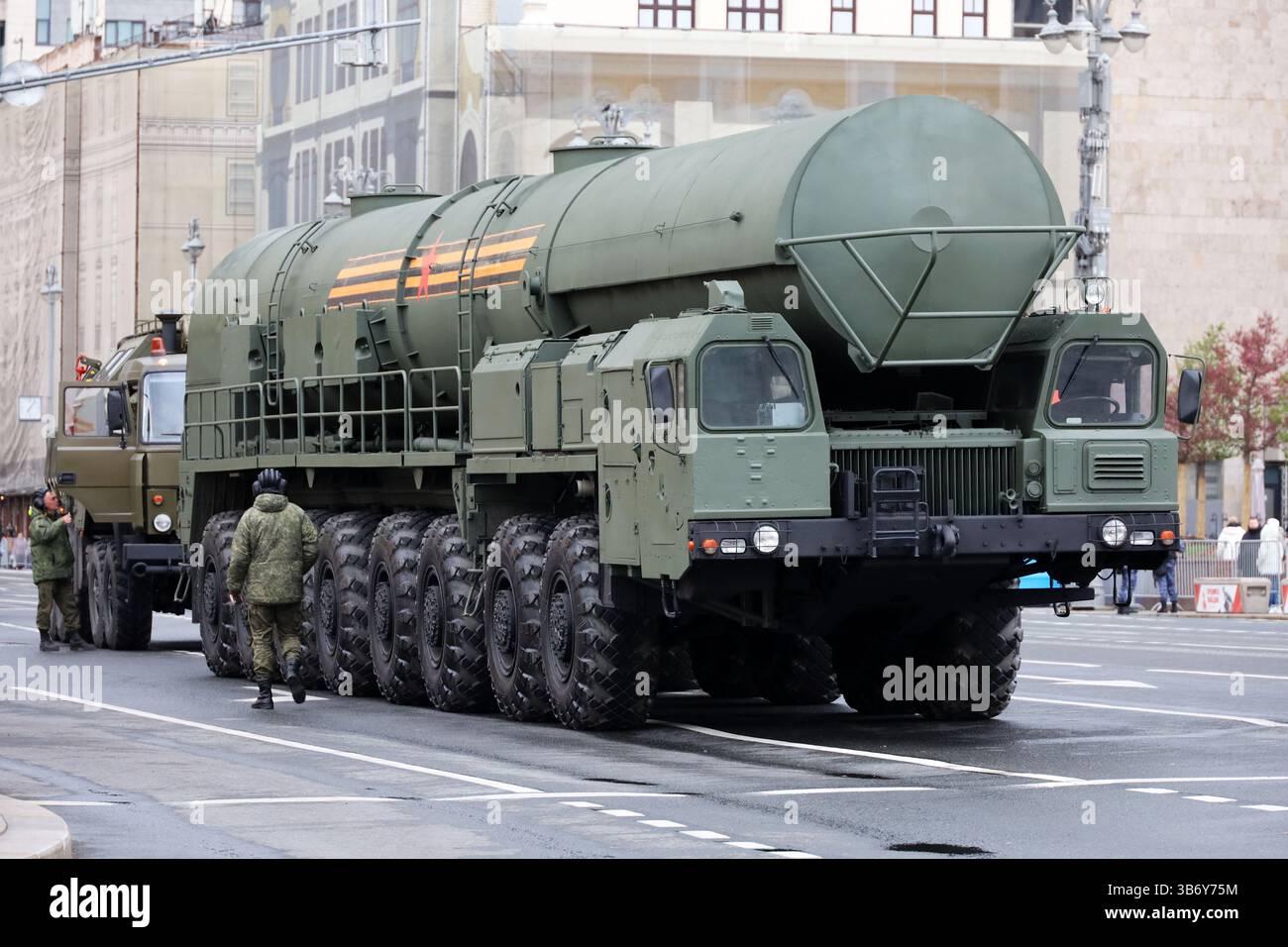 Nuclear weapon, russian strategic missile system "Yars" on city street ...