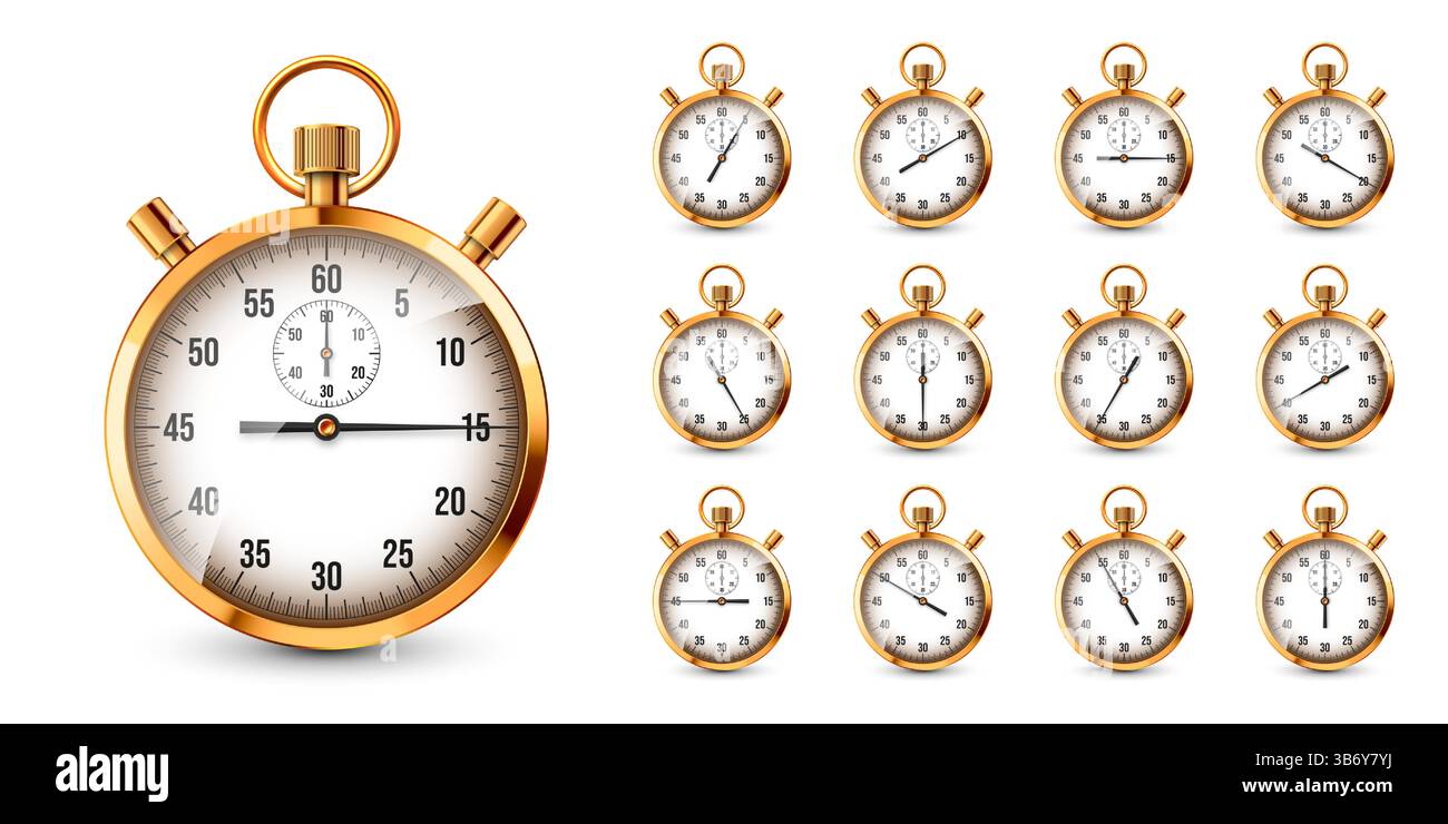 Realistic classic stopwatch. Shiny golden metal chronometer, time ...