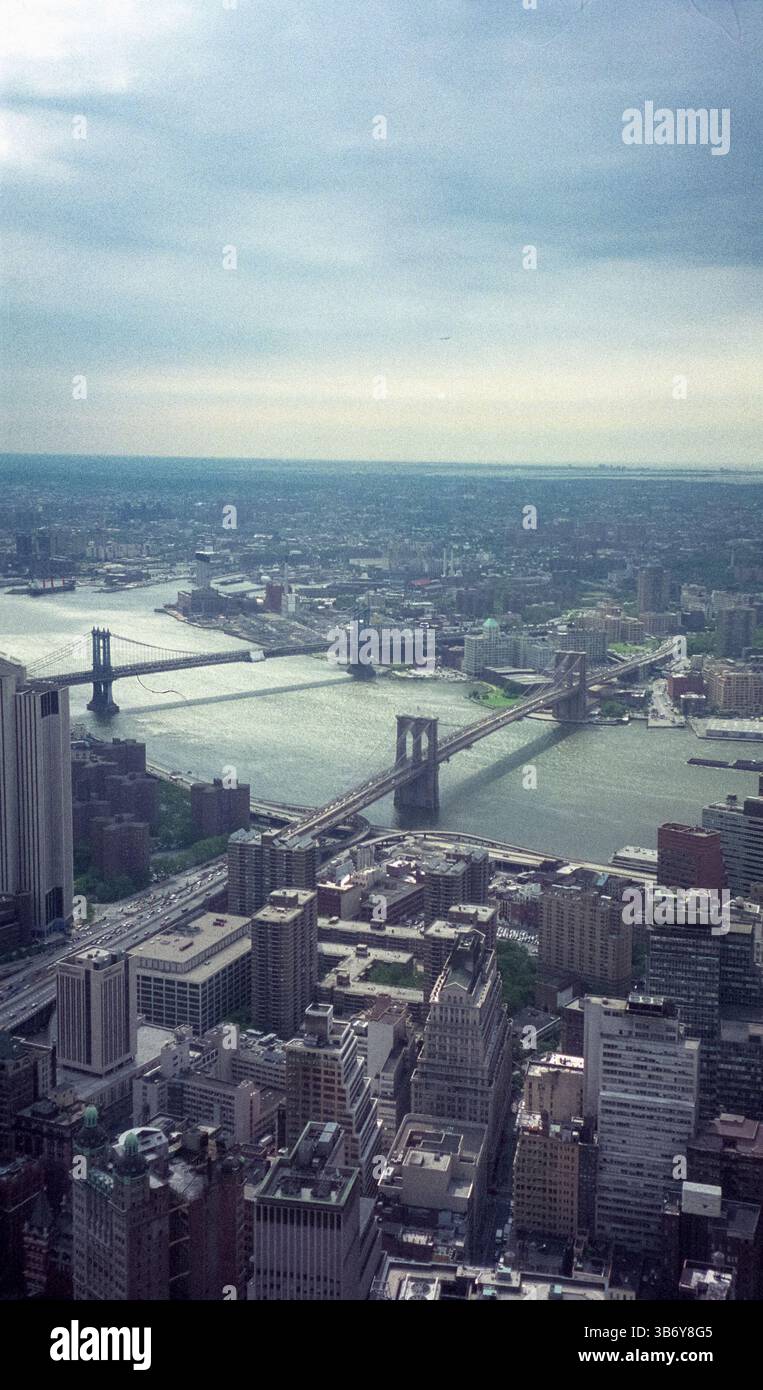 Aerial view of the East River and the Brooklyn and Manhattan Bridges ...