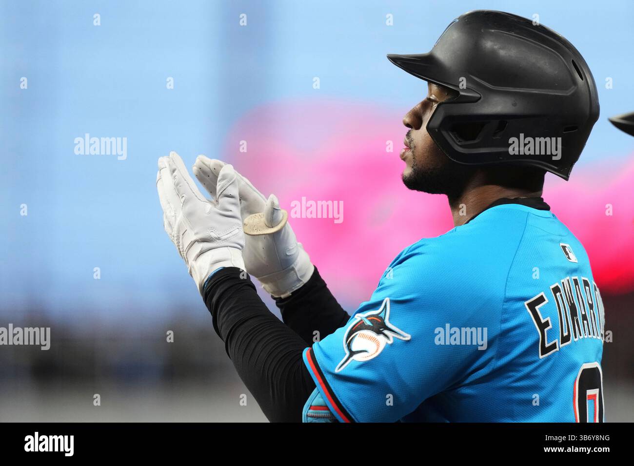 Miami Marlins shortstop Xavier Edwards reacts after hitting a single ...