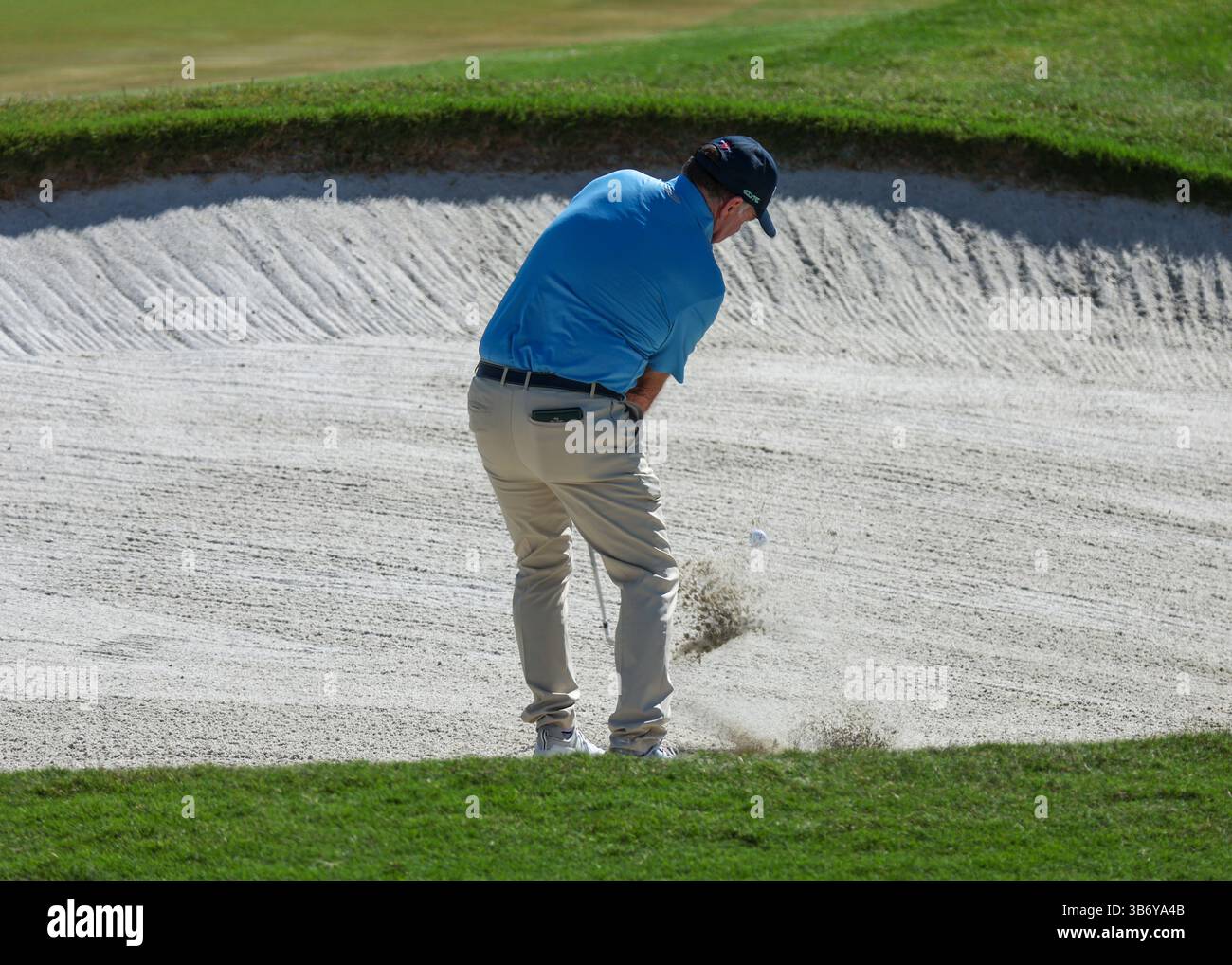 THE WOODLANDS, TX - MAY 04: Rod Pampling hits a shot from the trap on 1 ...