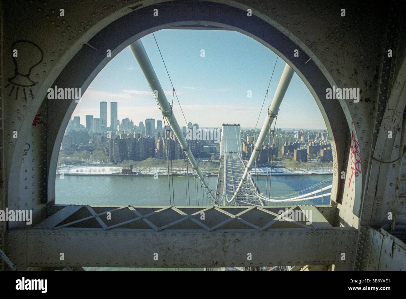 View of Manhattan from one of the towers in the Williamsburg Bridge in ...