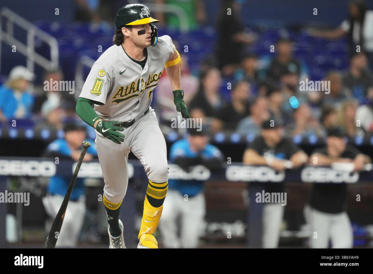 Oakland Athletics' Jacob Wilson (5) runs after hitting a single during ...