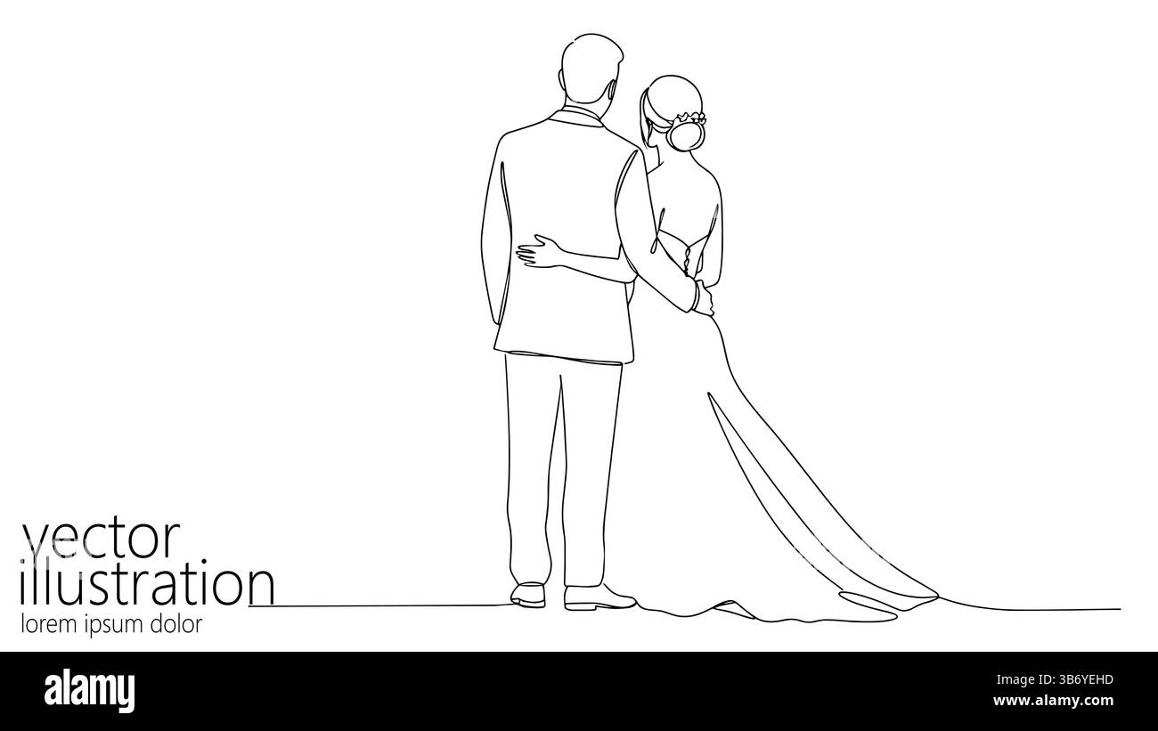 Love Couple embraces in line art illustration. Bride in wedding dress ...
