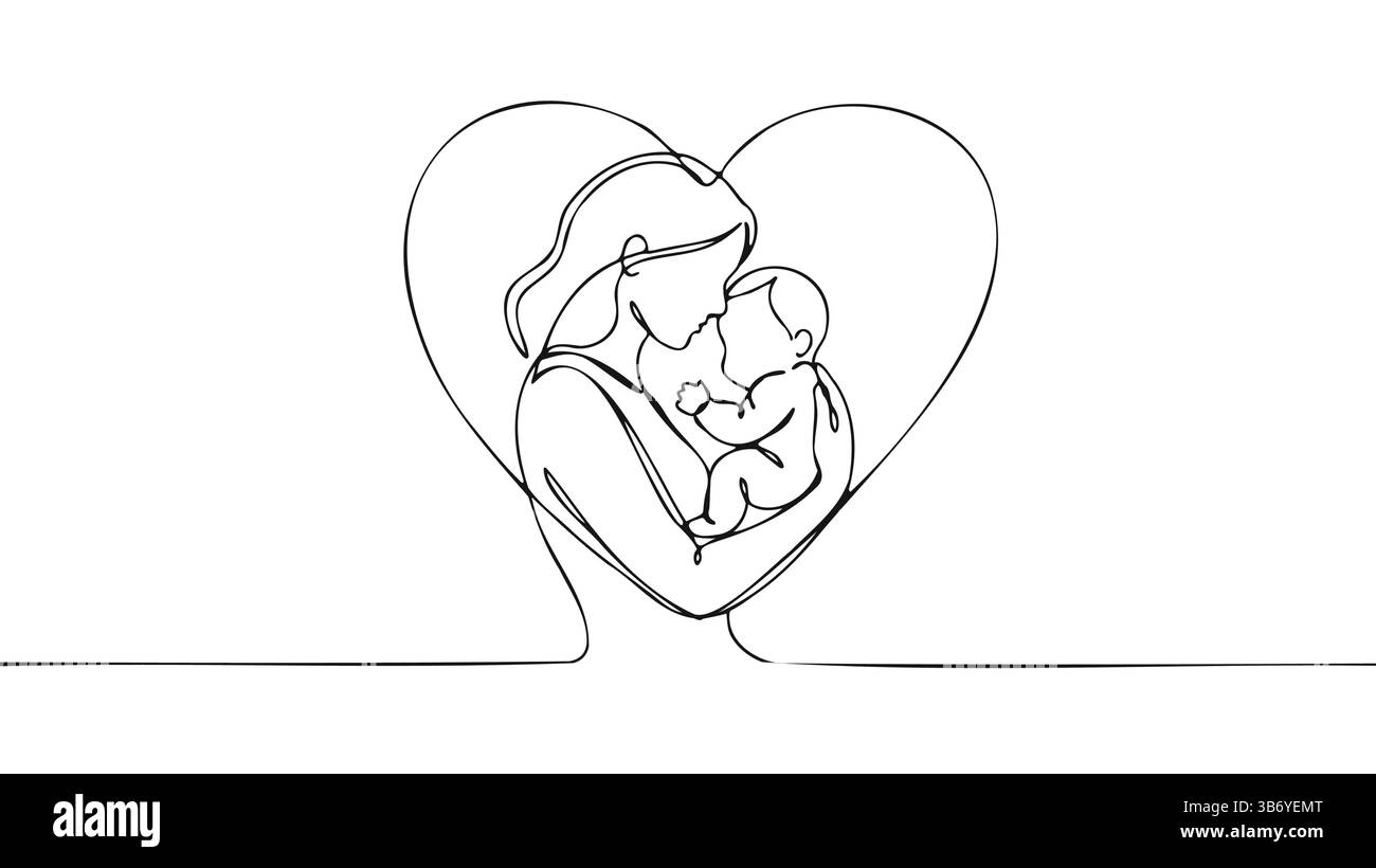 Mother holds baby inside heart. Simple lines create woman and child ...