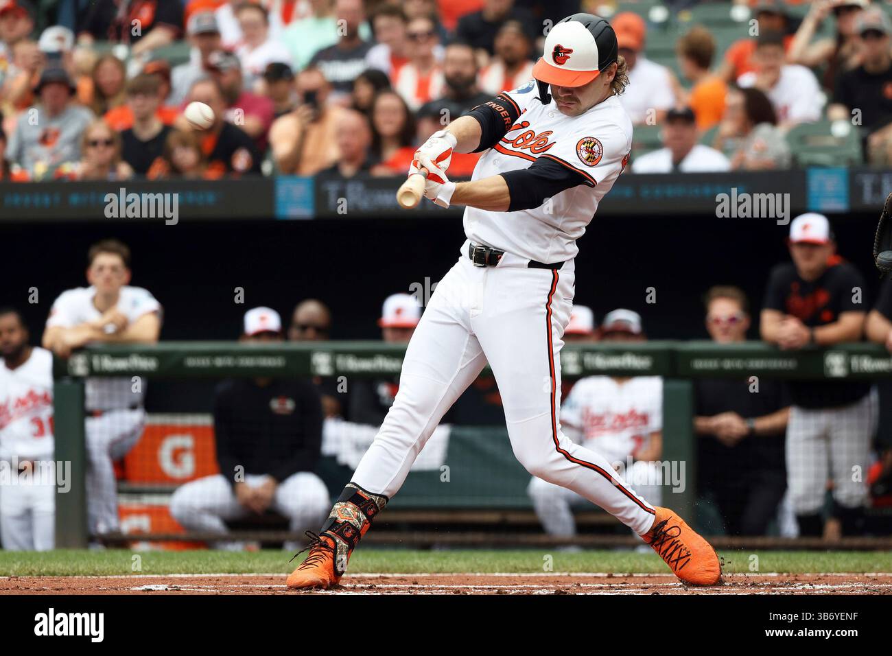 Baltimore Orioles' Gunnar Henderson hits a double during the first ...