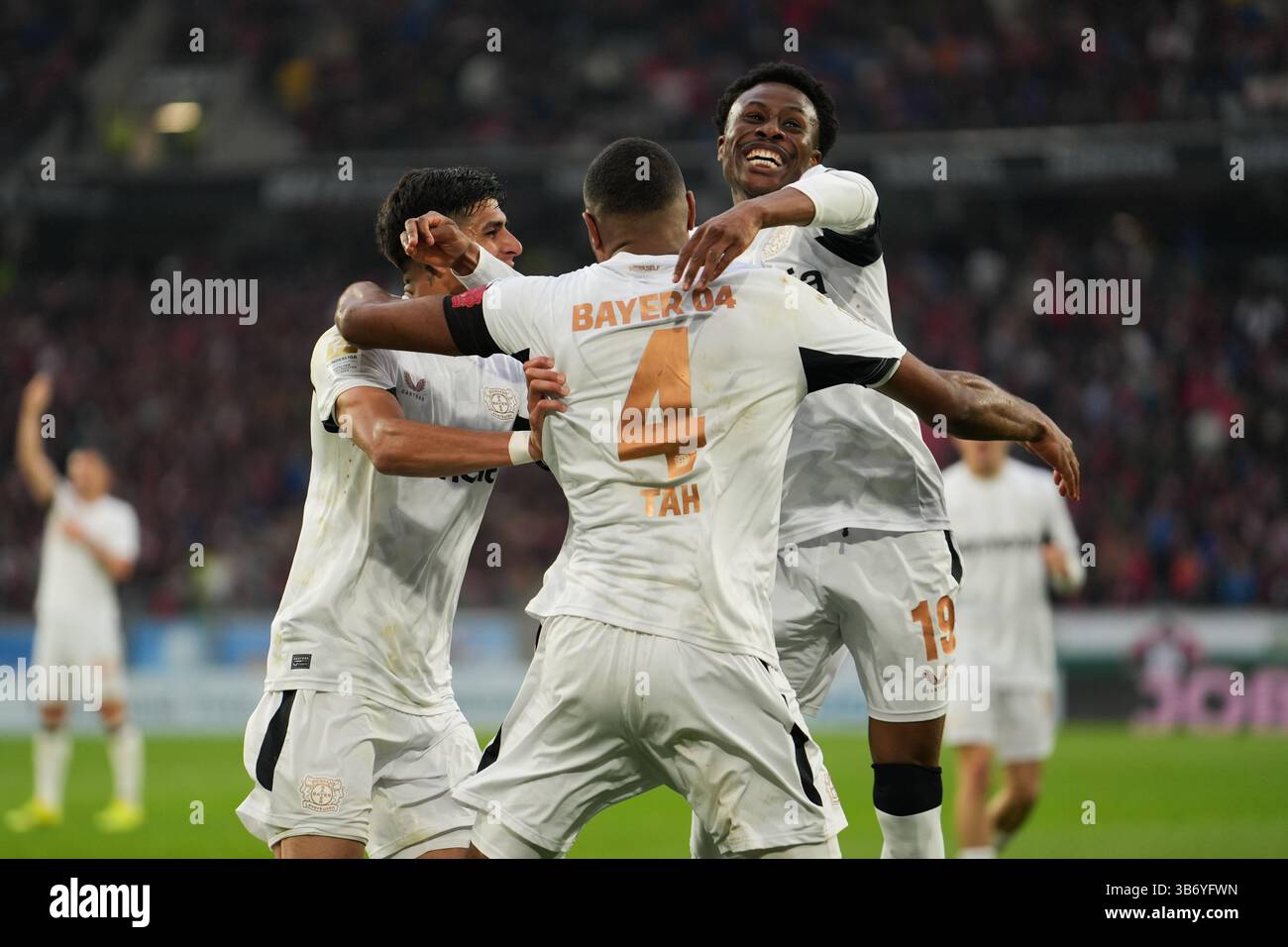 Freiburg, Germany. 04th May, 2025. Jonathan Tah (4 B04) celebrates goal ...