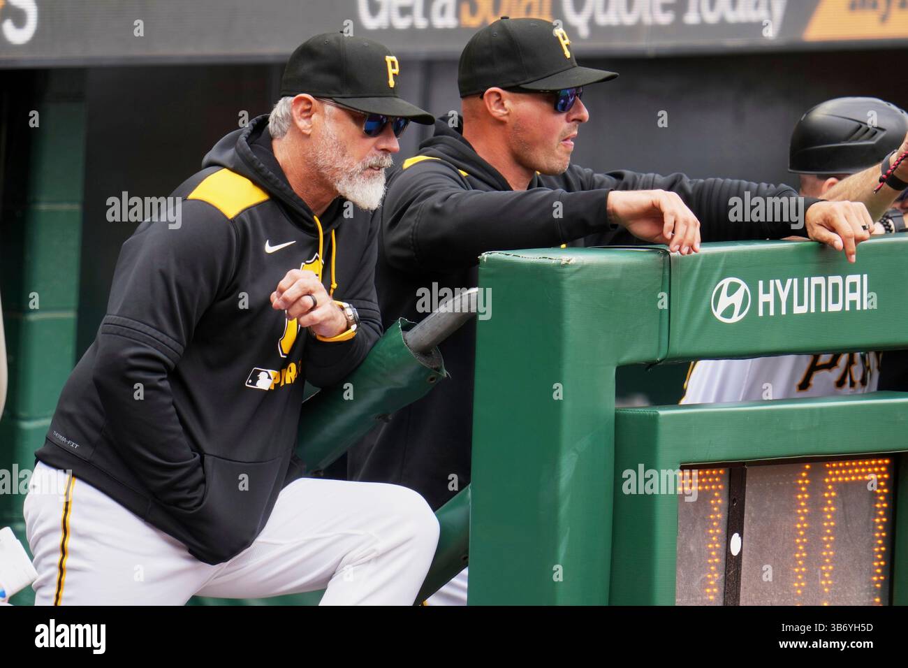 Pittsburgh Pirates manager Derek Shelton, left, and bench coach Don ...