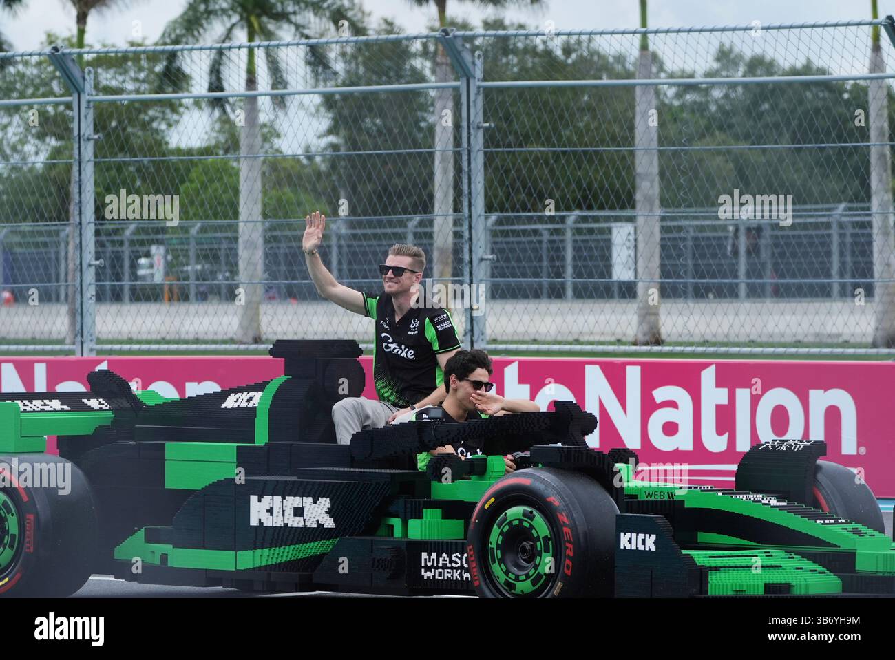 Kick Sauber drivers Nico Hulkenberg and Gabriel Bortoleto wave to fans ...