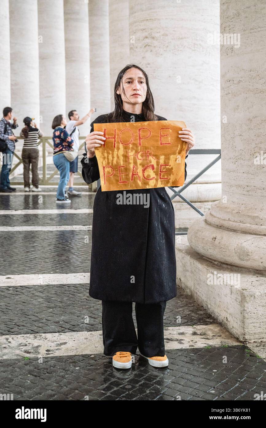 Rome, Italy. 29th Apr, 2025. Yona Tukuser stands with a placard saying ...