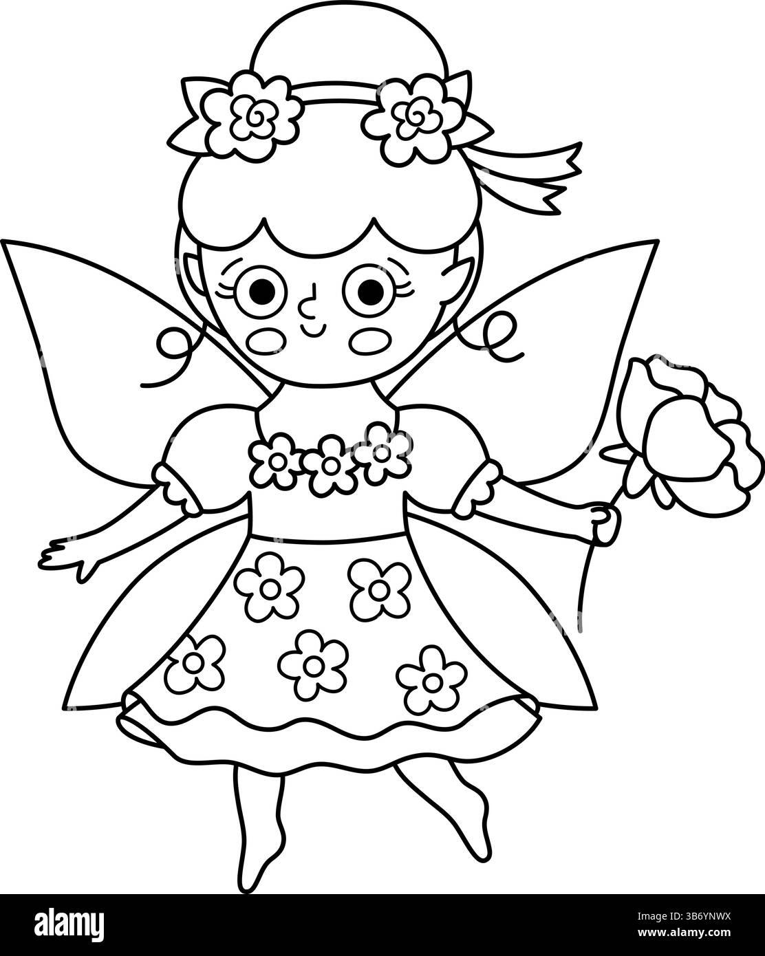 Vector black and white flower fairy icon. Cute little girl with wings ...
