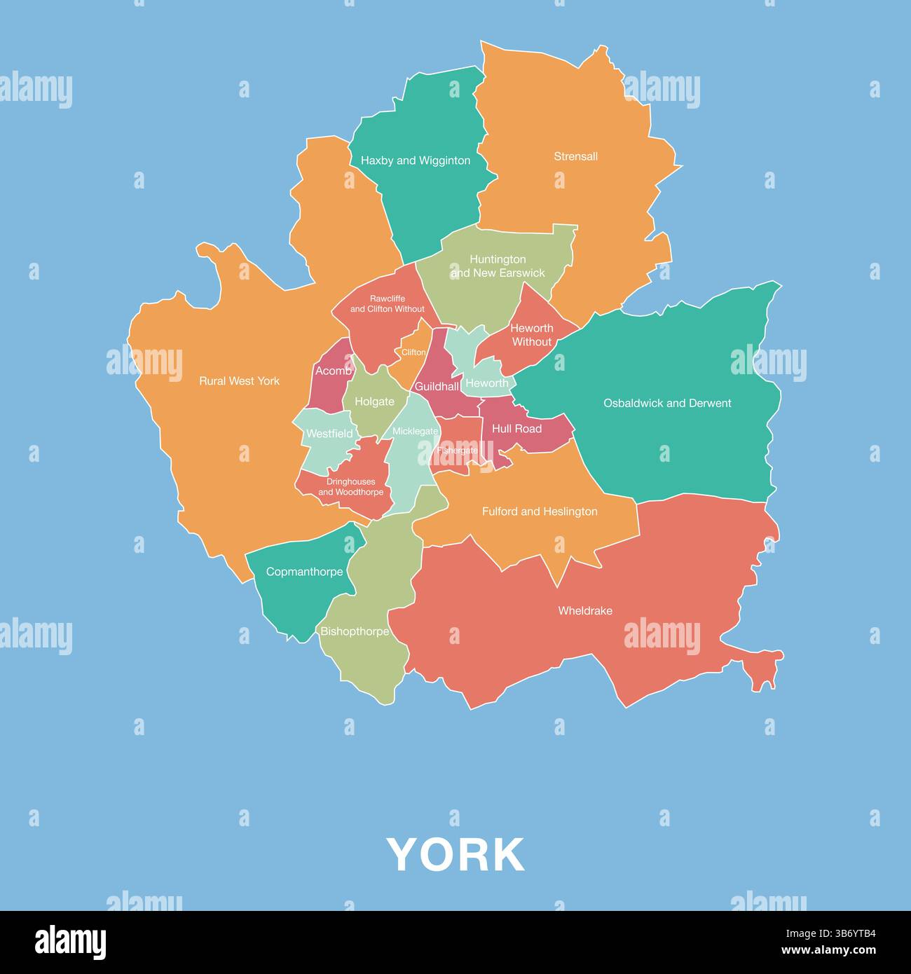 Colorful map of York, United Kingdom with labeled administrative ...