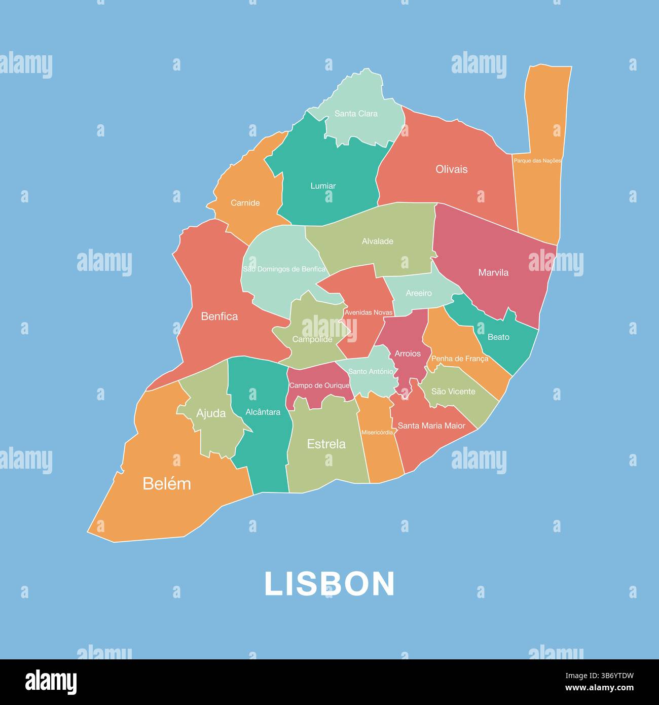 Colorful map of Lisbon, Portugal with labeled administrative districts ...