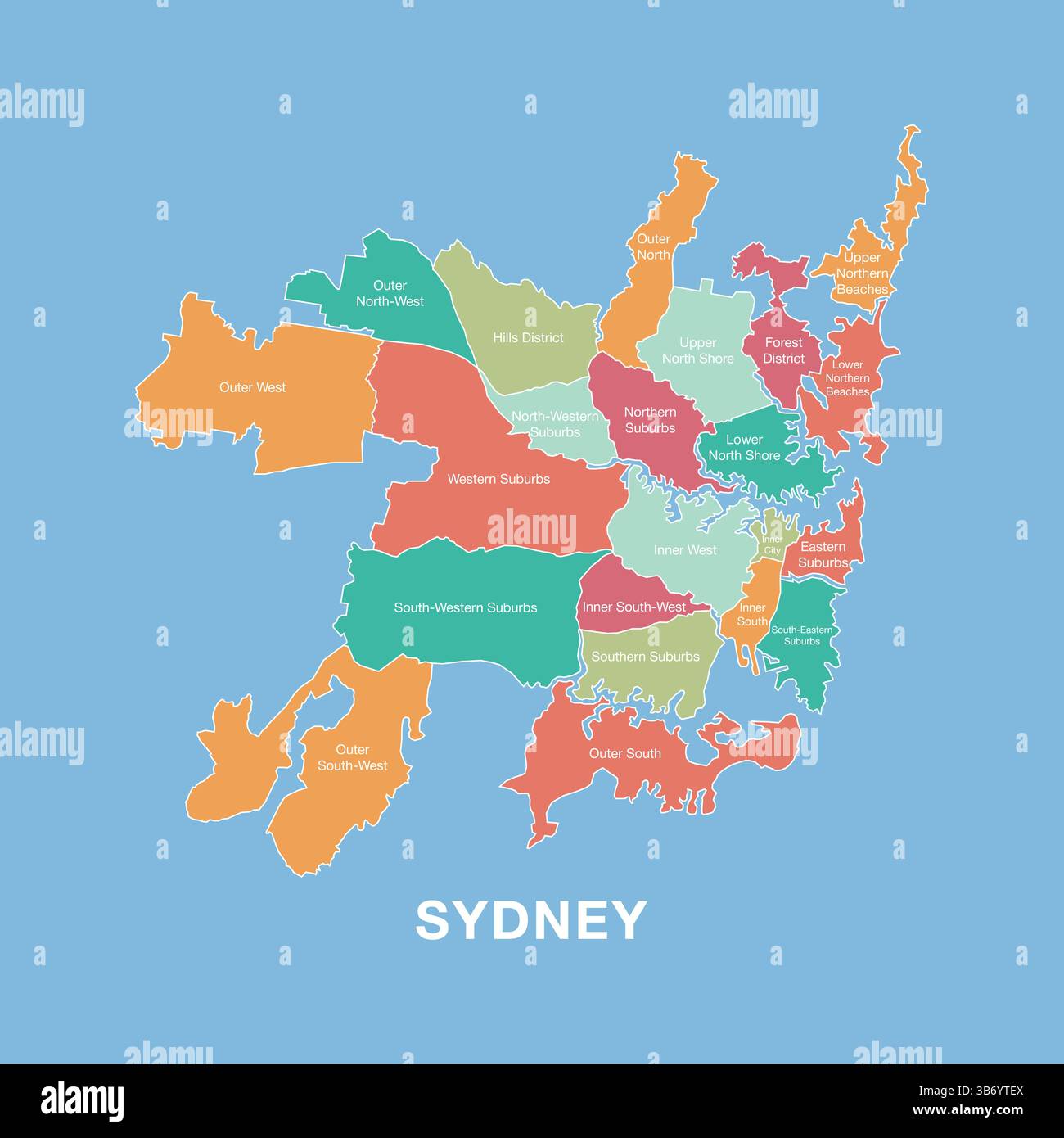 Colorful map of Sydney, Australia with labeled administrative districts ...