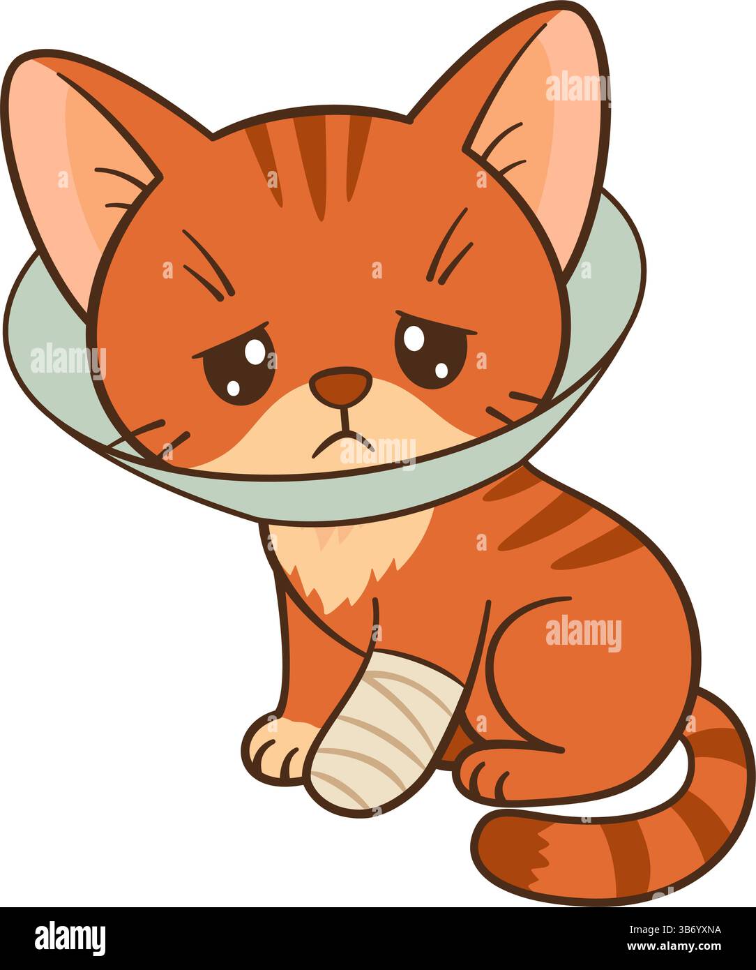 Sad cartoon kitten sits with a bandaged paw. Cute ginger tabby with ...