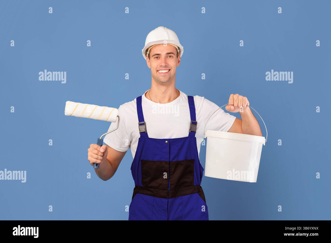 Painter Guy. Smiling Male Repair Master Holding Bucket And Equipment ...